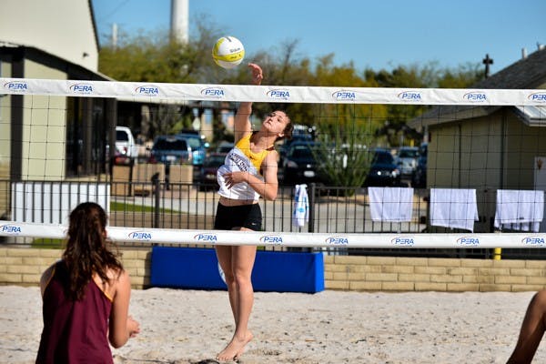 Sophomore hitter Macey Gardner hits the ball during a practice in Tempe ...