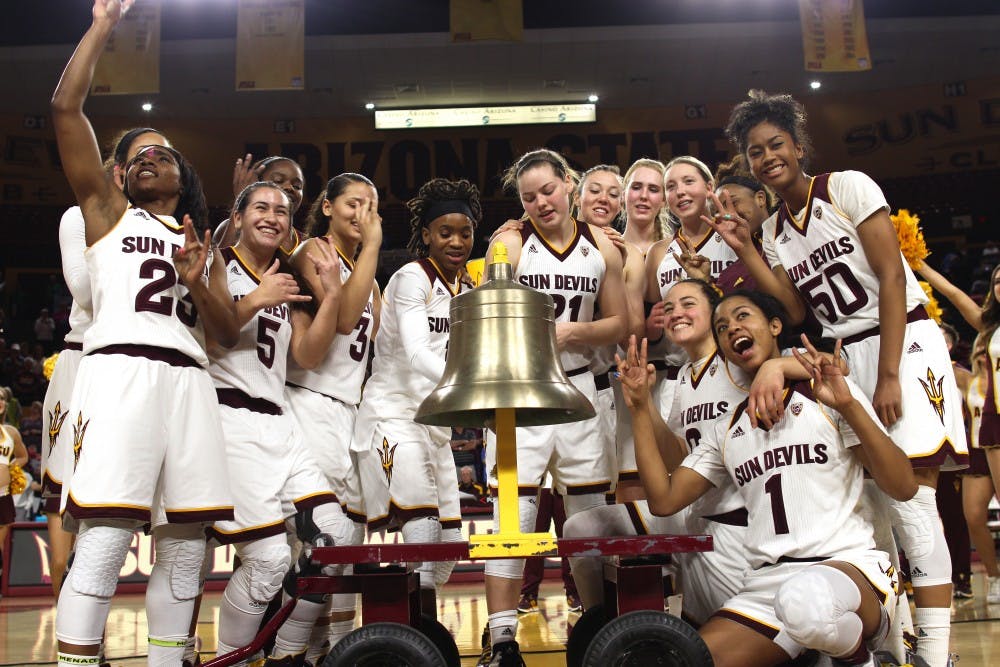 The ASU Women's Basketball Team celebrates after their victory v - The ...