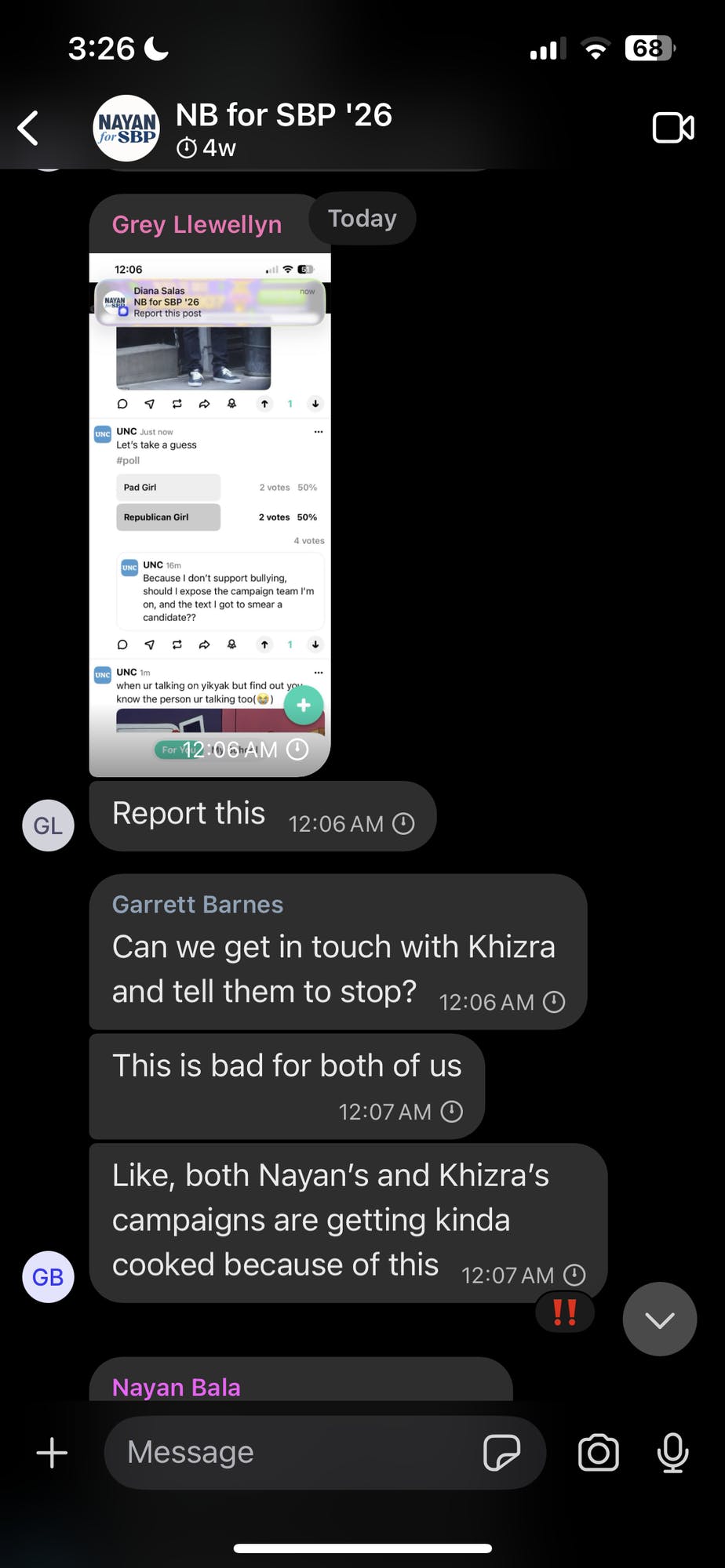 Leaked group chat suggests SBP candidate Nayan Bala encouraged her team ...