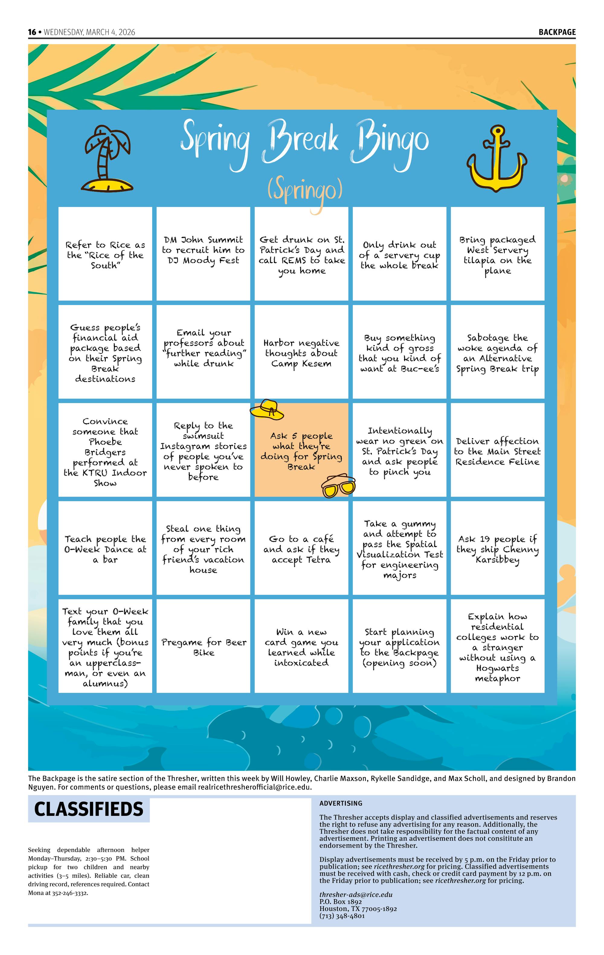 spring break bingo - The Rice Thresher